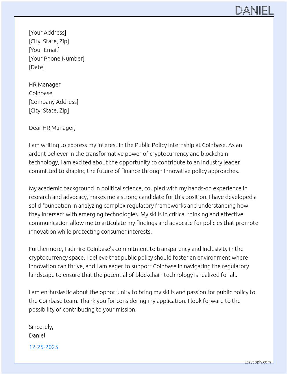 Cover letter for public policy internship - LazyApply