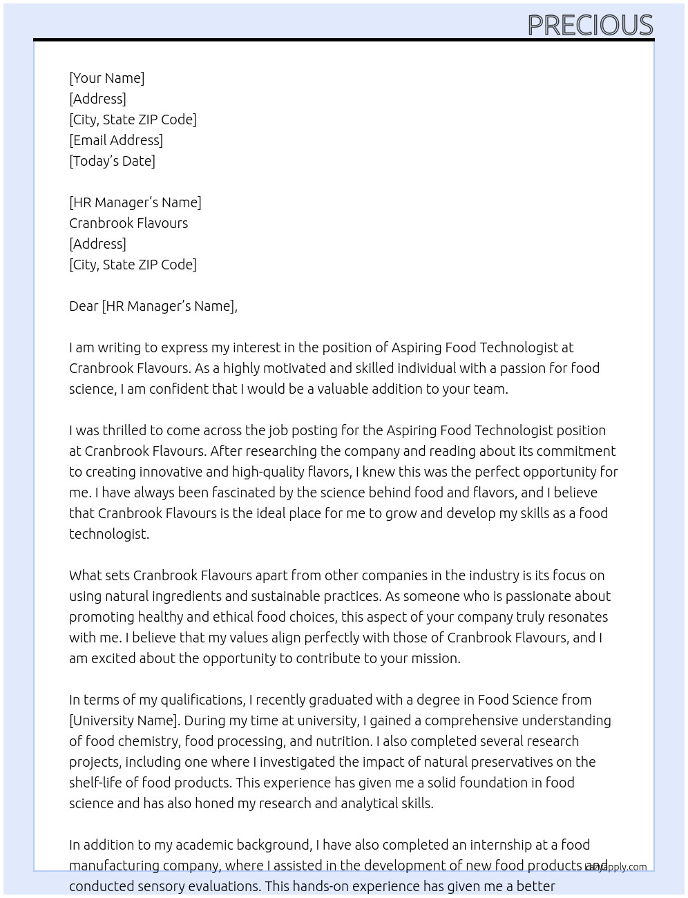 Cover letter for aspiring food technogist - LazyApply