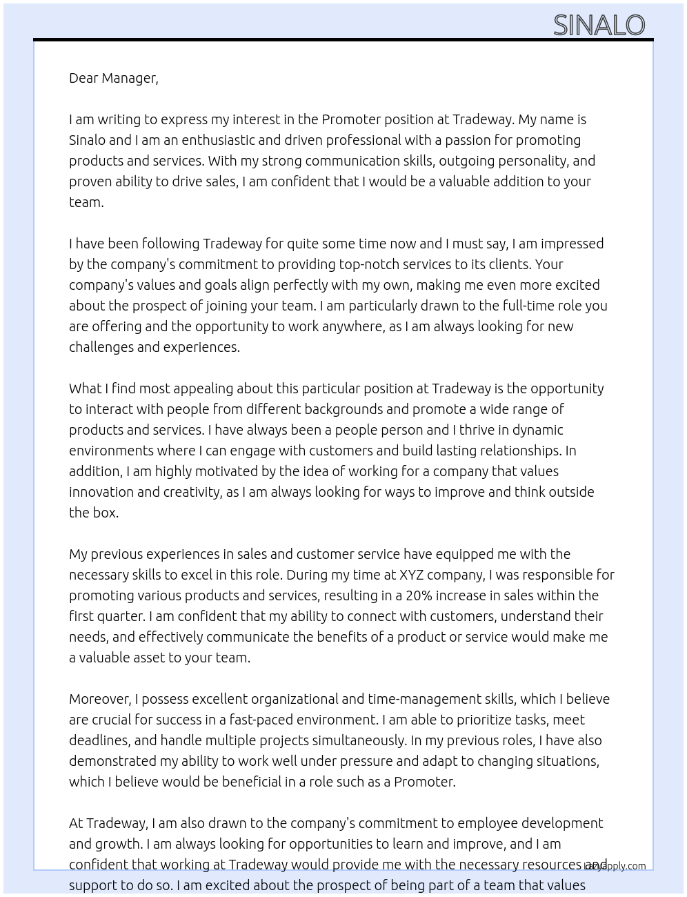 Cover letter for promoter - LazyApply