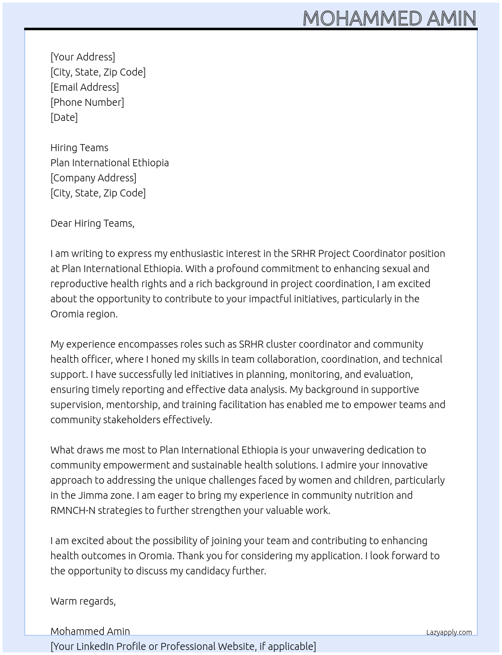 Cover letter for srhr project coordinator - LazyApply