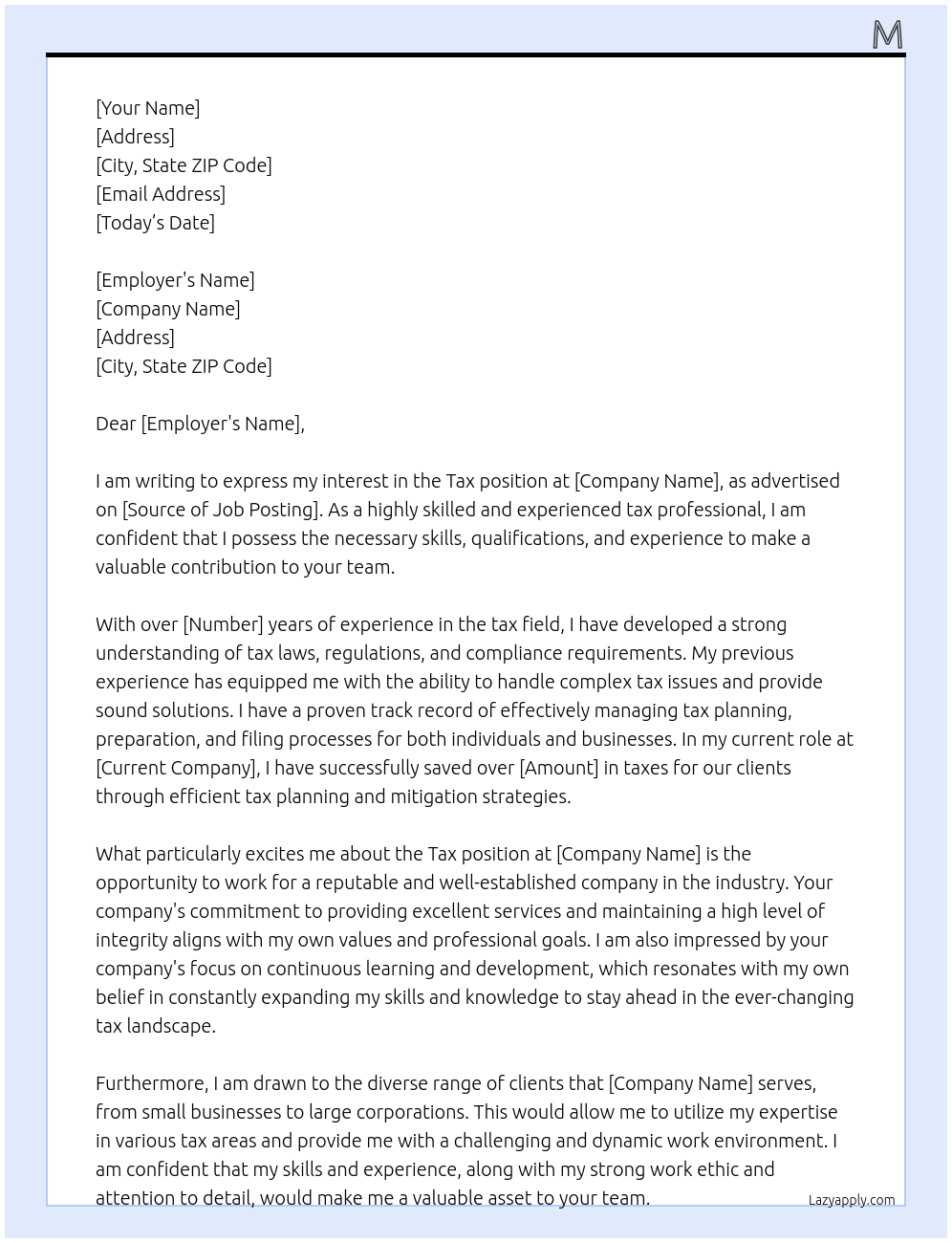 Cover letter for tax - LazyApply