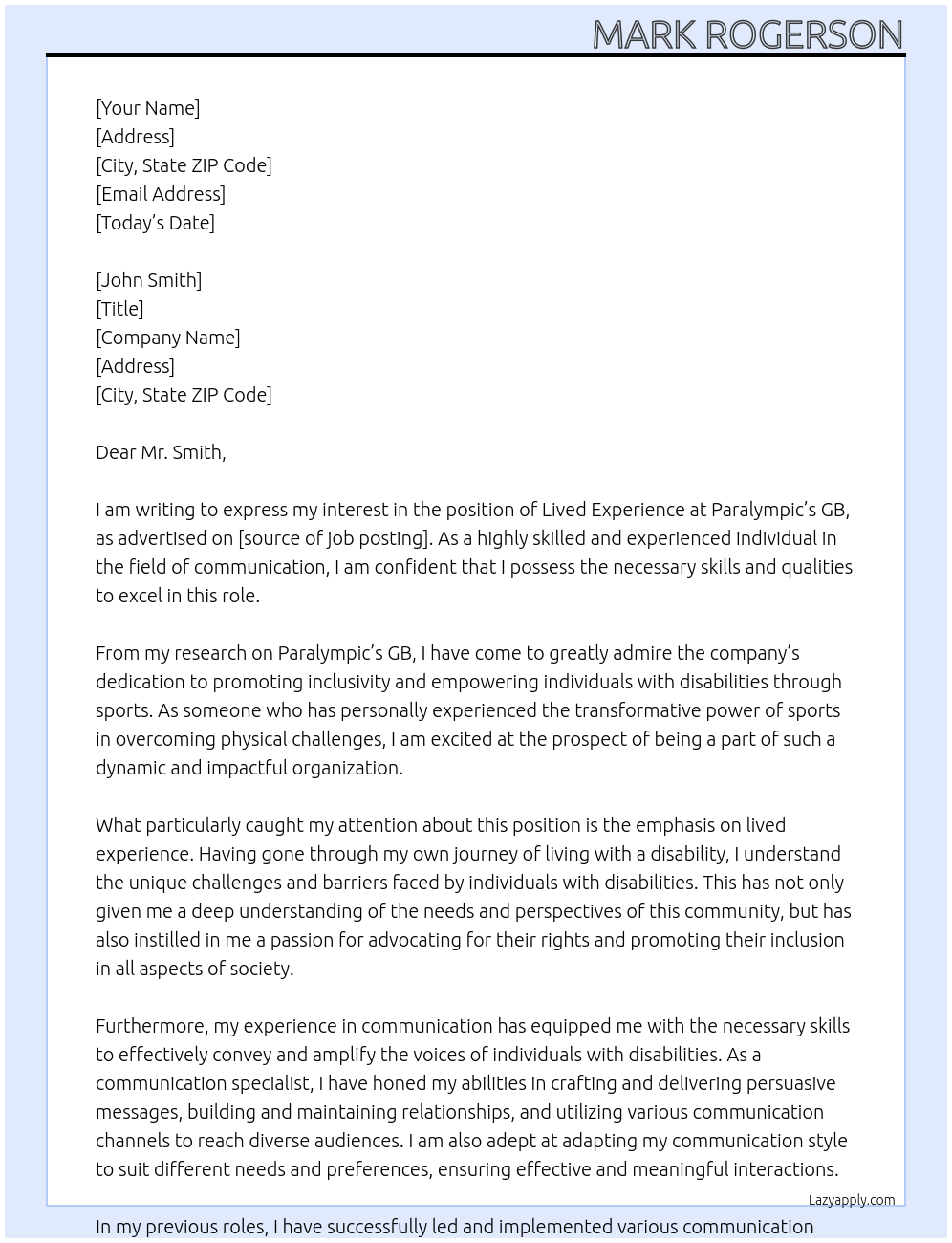 Cover letter for lived experience - LazyApply