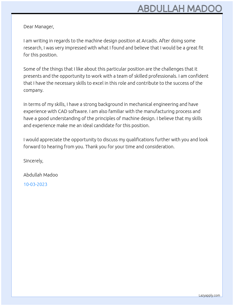 Cover letter for machine design - LazyApply