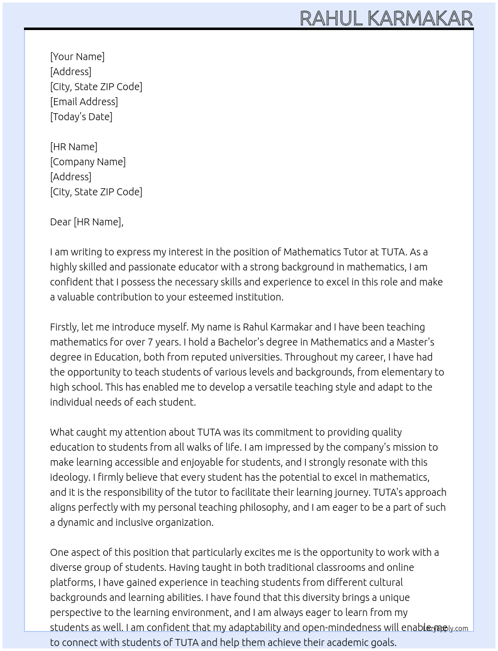 Cover letter for mathematics tutor - LazyApply