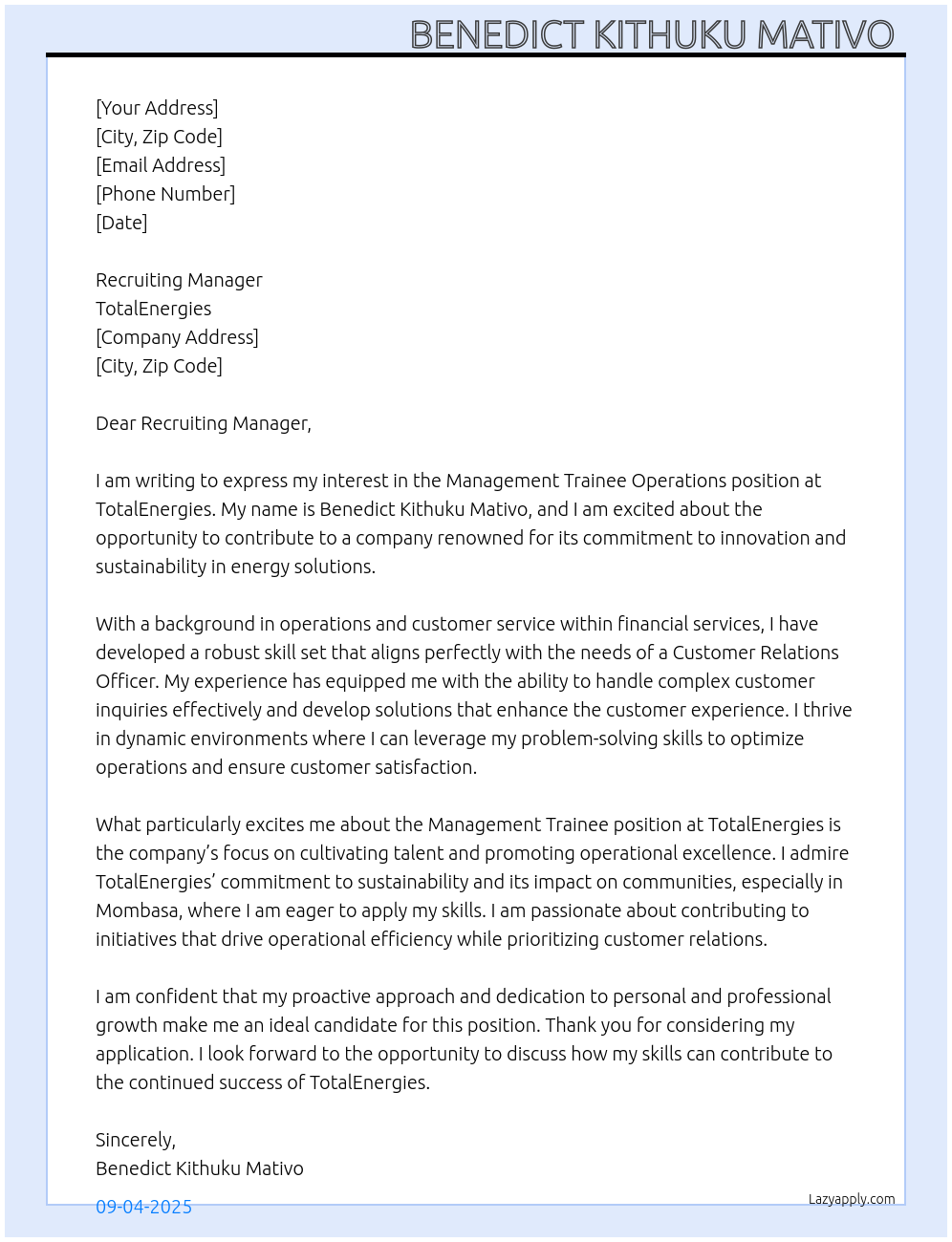 Cover letter for management trainee operations - LazyApply