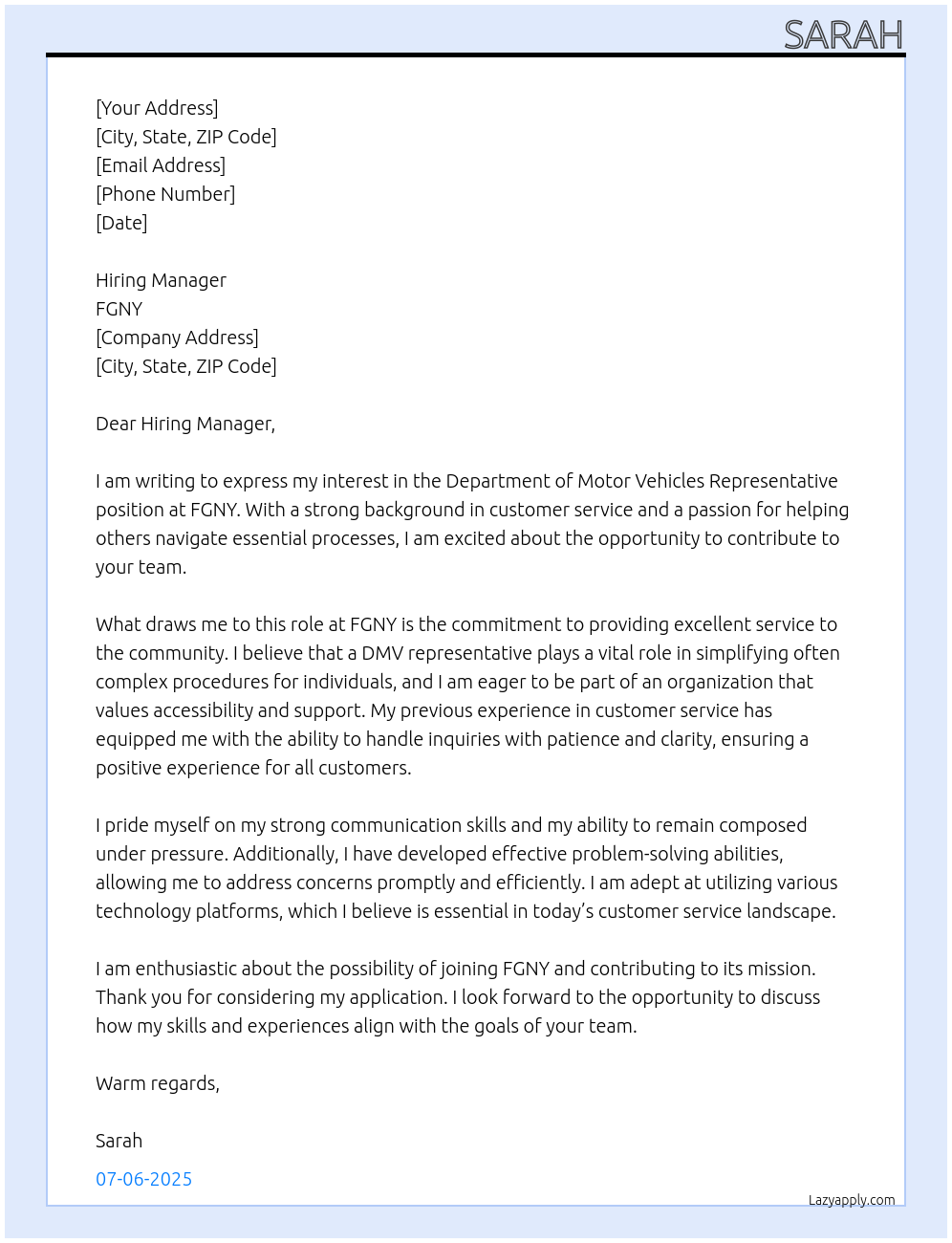 Cover letter for department of motor vehicles representative - LazyApply