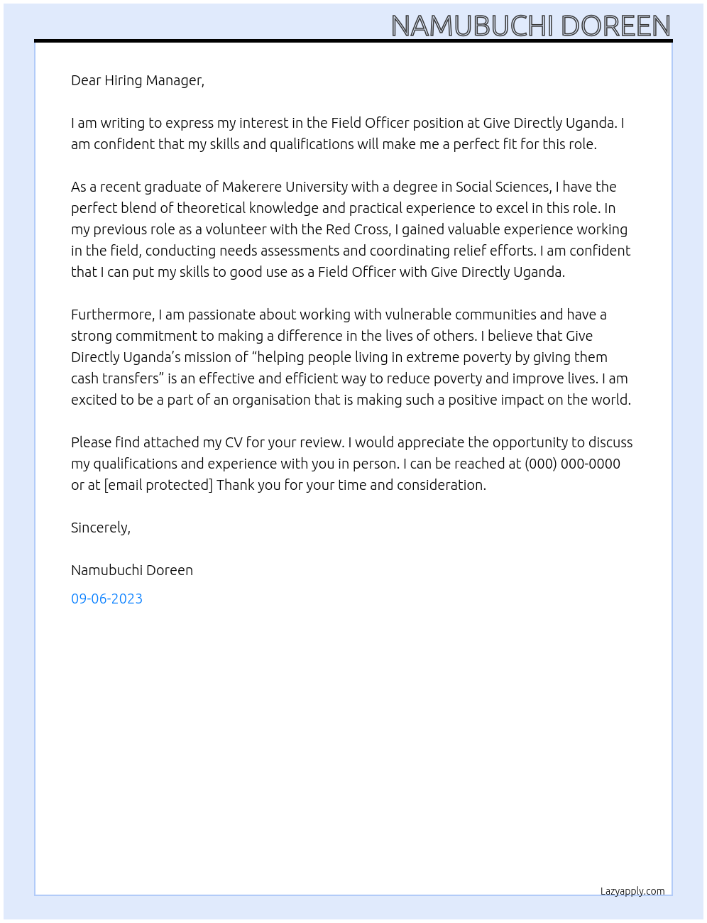 Cover letter for field officer - LazyApply