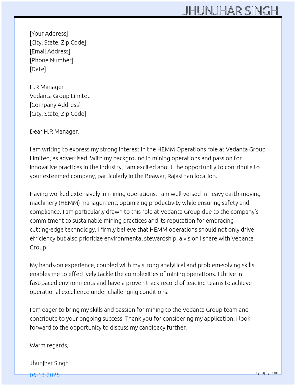 Cover letter for mining operations - LazyApply