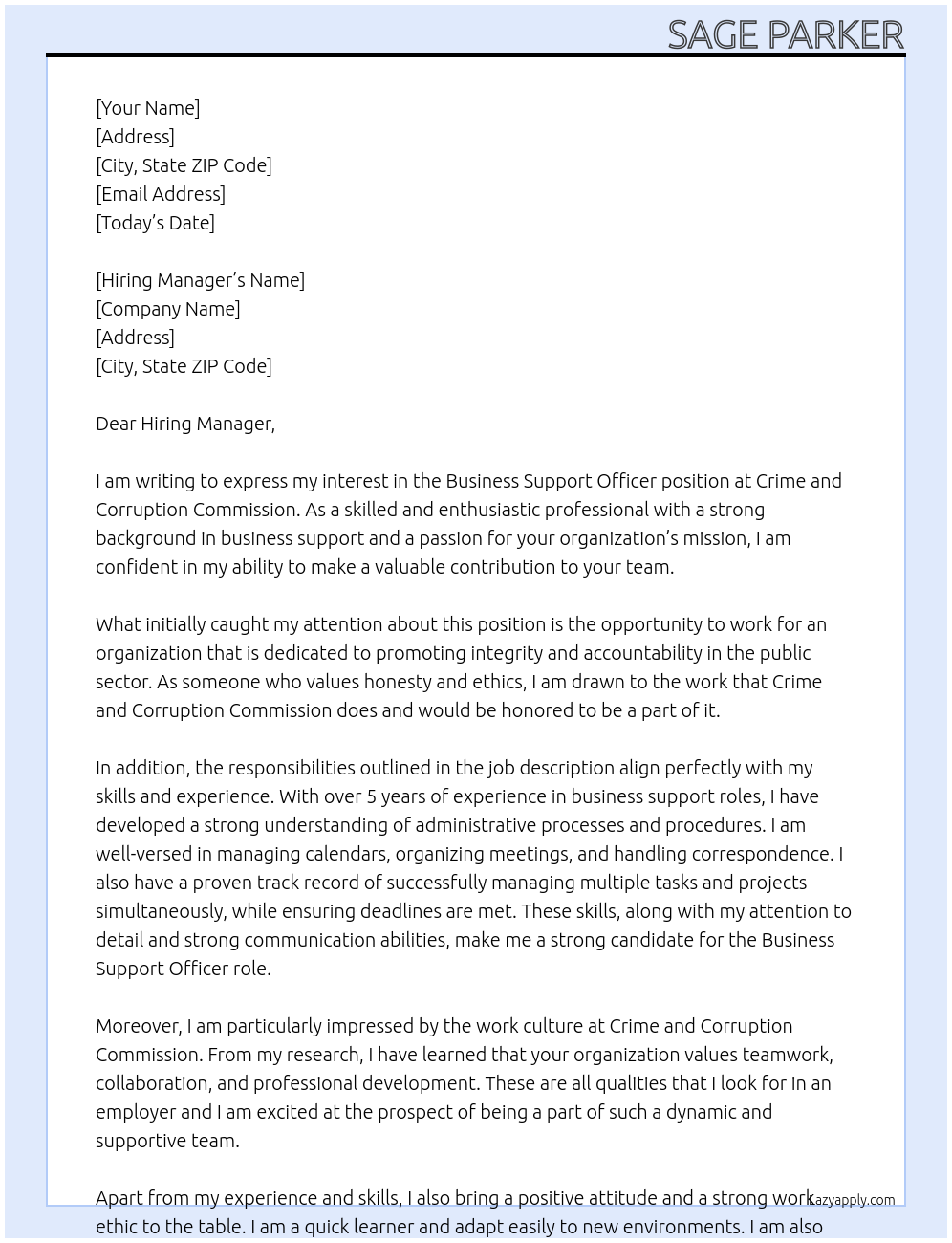 Cover letter for business support officer - LazyApply
