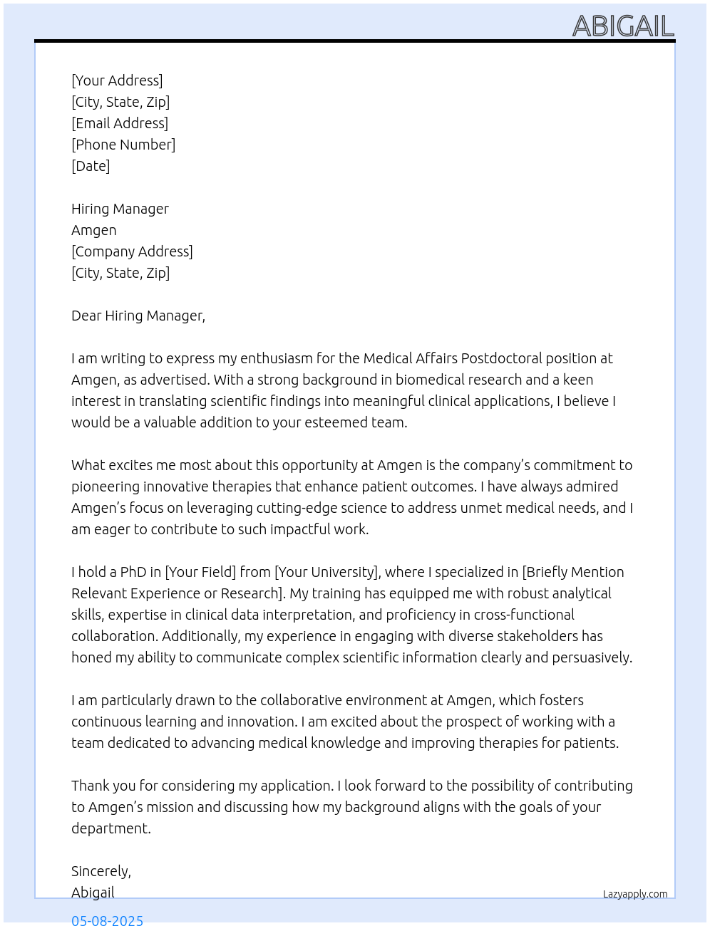 Cover letter for medical affairs postdoctoral position - LazyApply