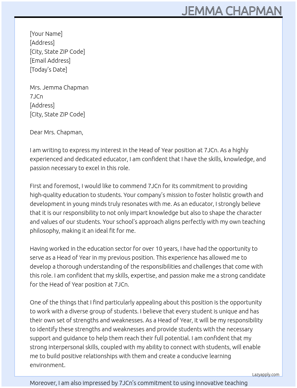 Cover letter for head of year - LazyApply