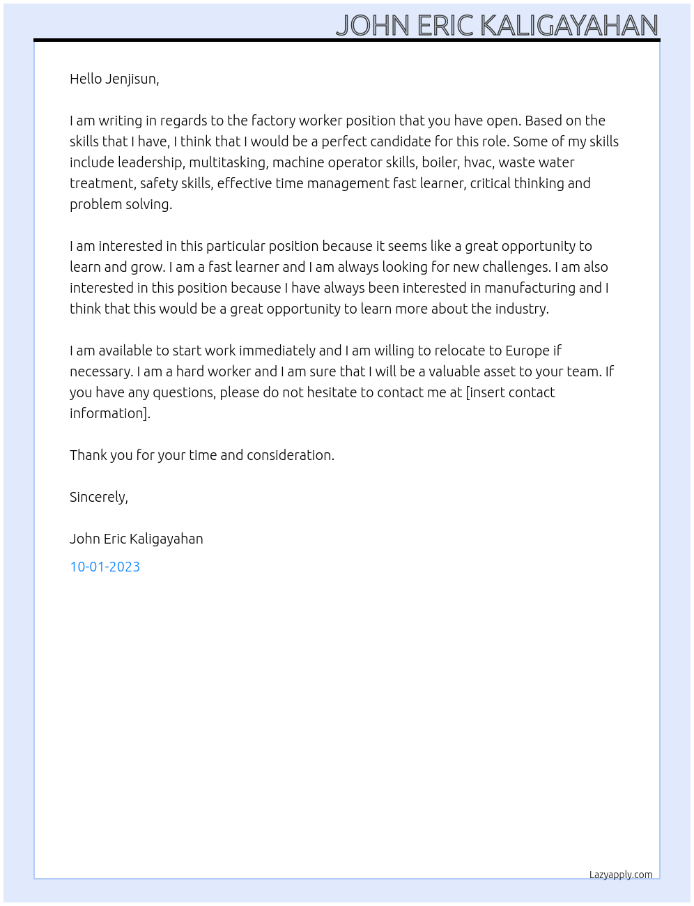 Cover letter for factory worker - LazyApply