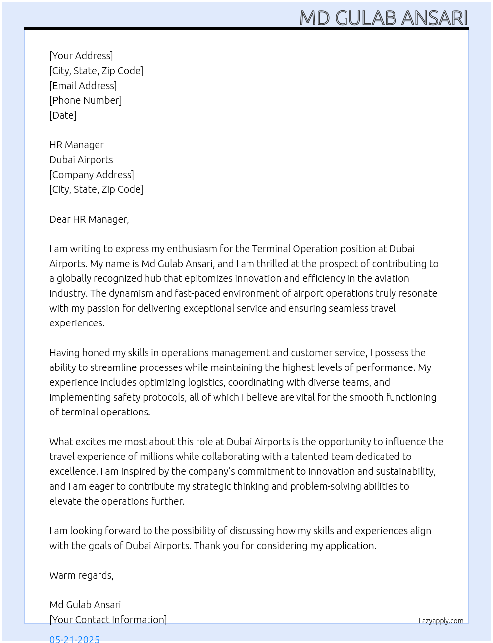 Cover letter for terminal operation - LazyApply