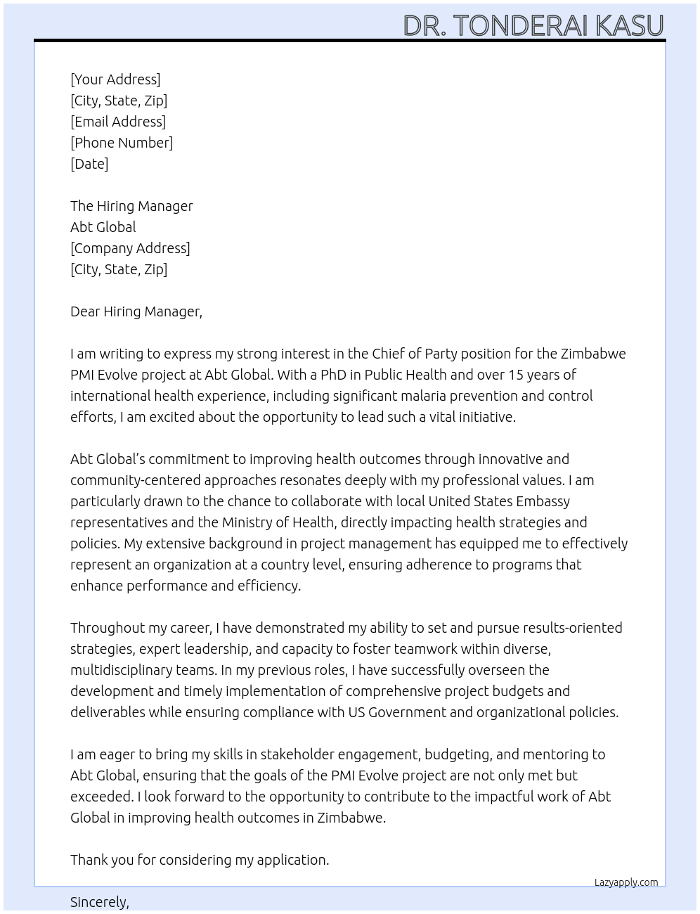 Cover letter for chief of party, zimbabwe pmi evolve - LazyApply