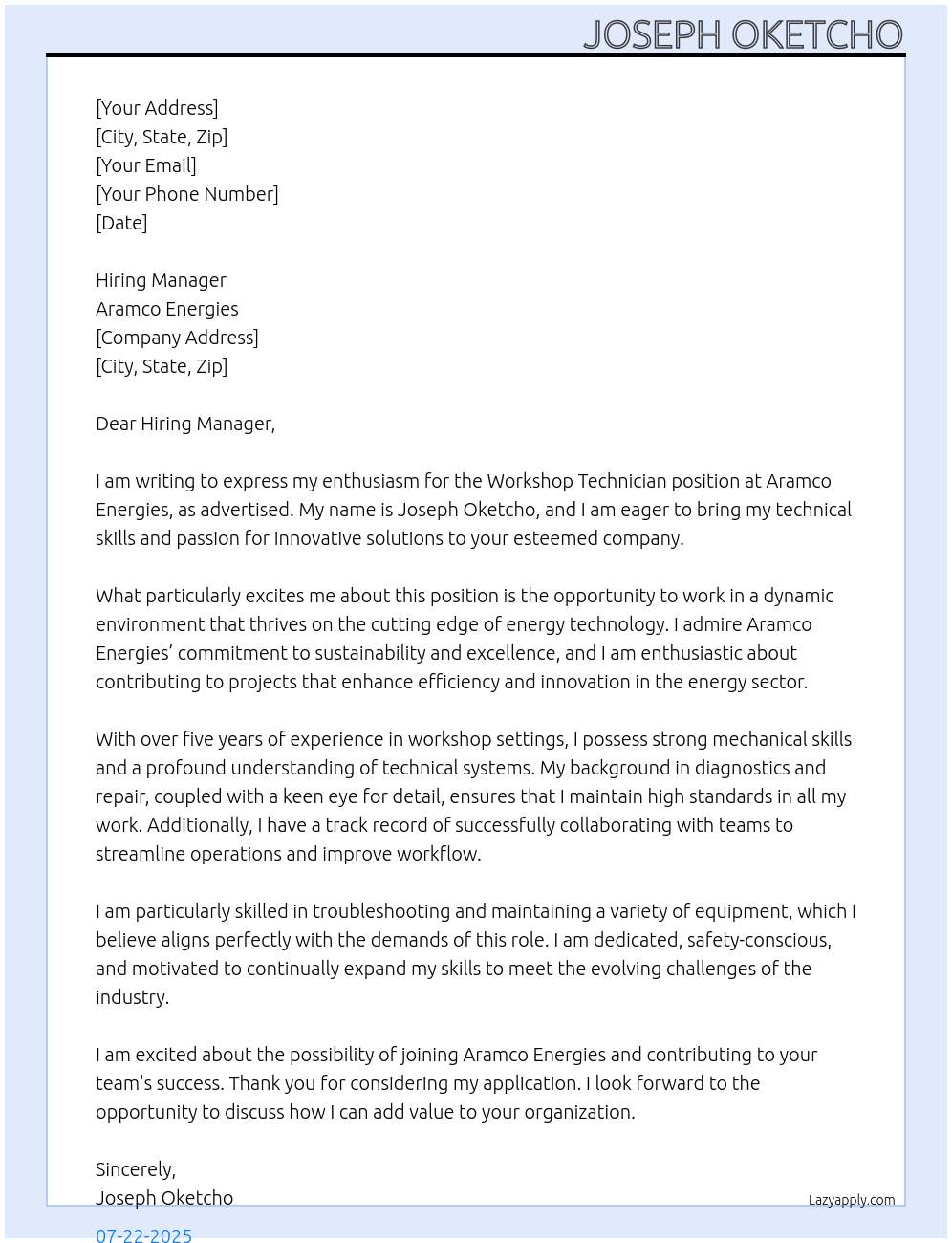 Cover letter for workshop technician - LazyApply