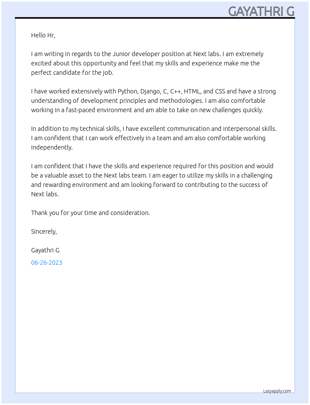 Cover letter for junior developer - LazyApply