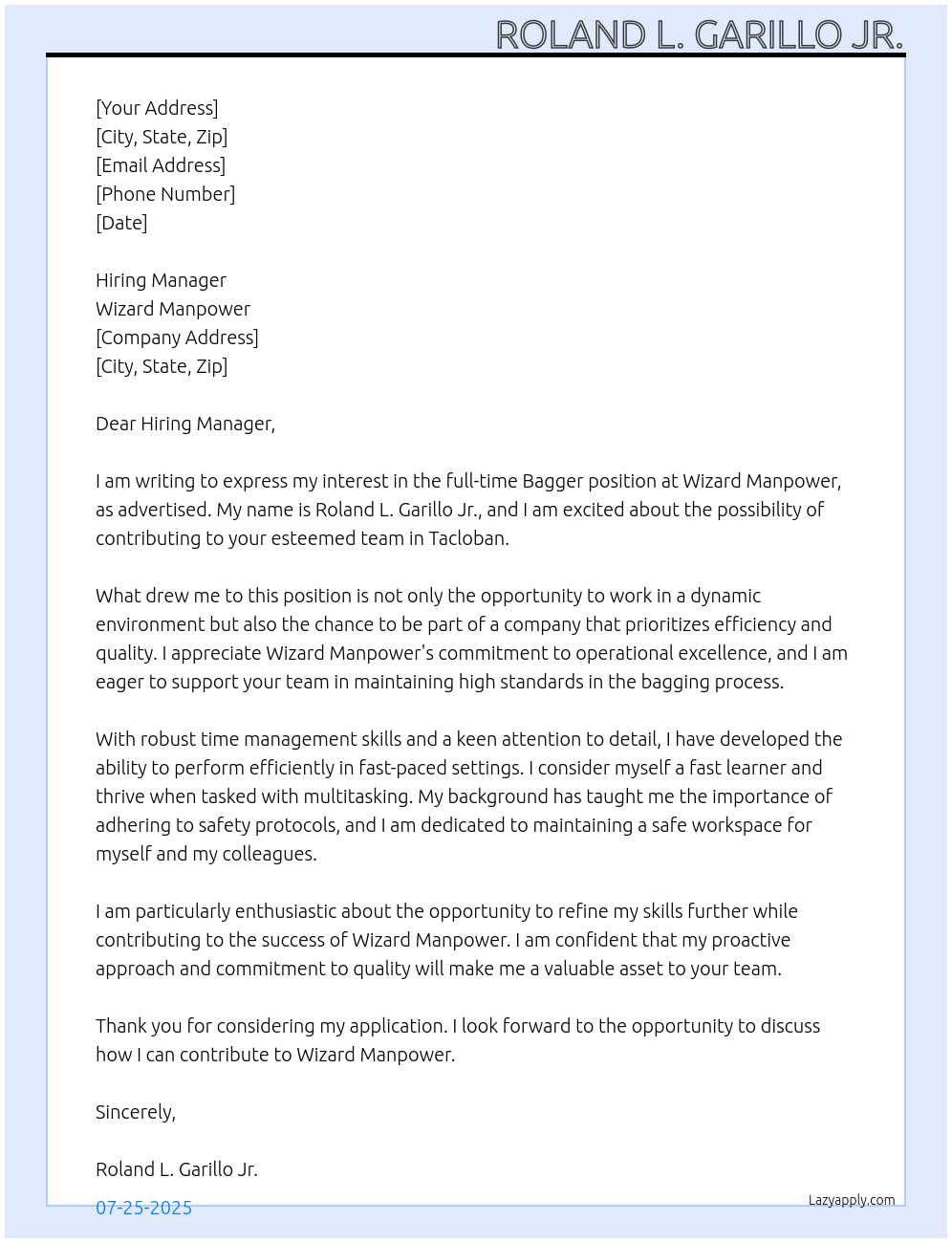 Cover letter for bagger - LazyApply