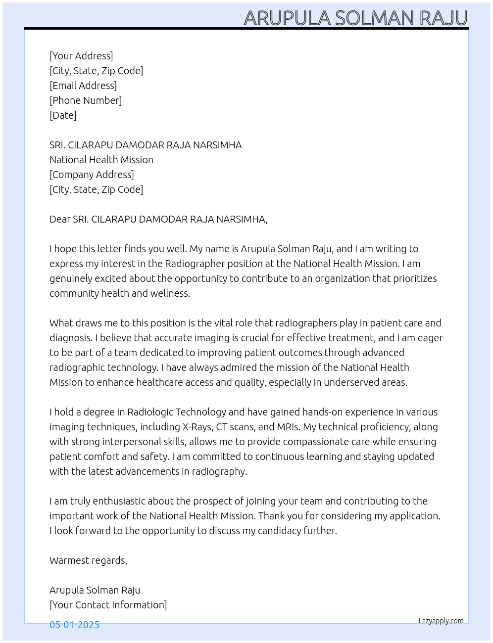 Cover letter for ct - radio grapher - LazyApply