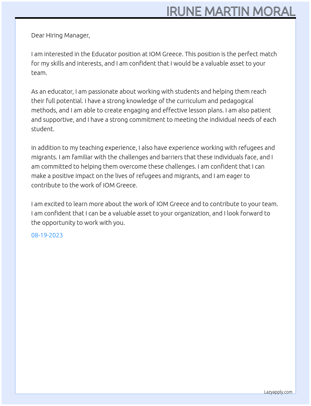 Cover letter for educator - LazyApply