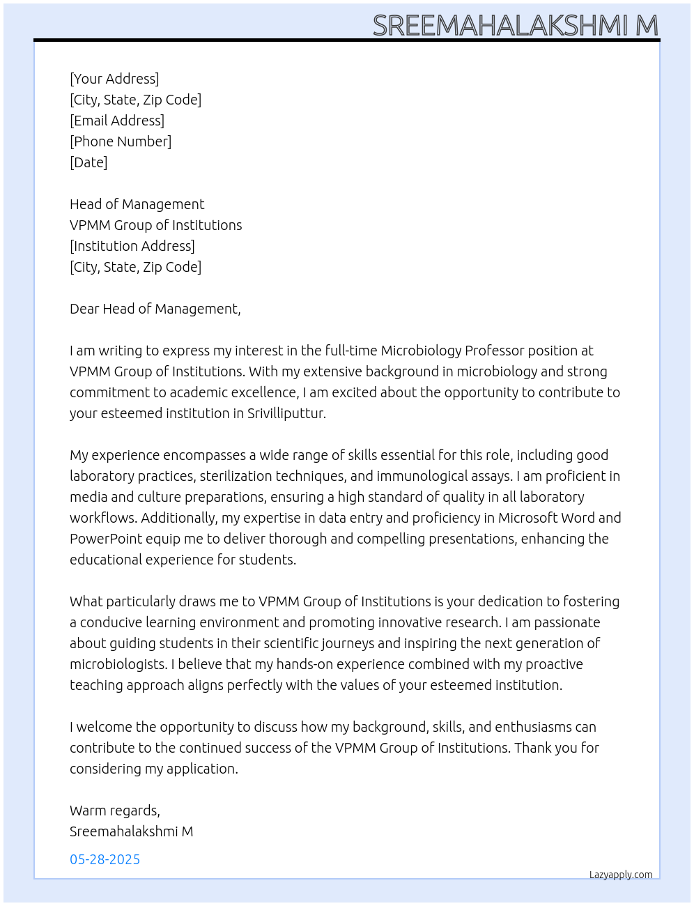 Cover letter for microbiology professor - LazyApply