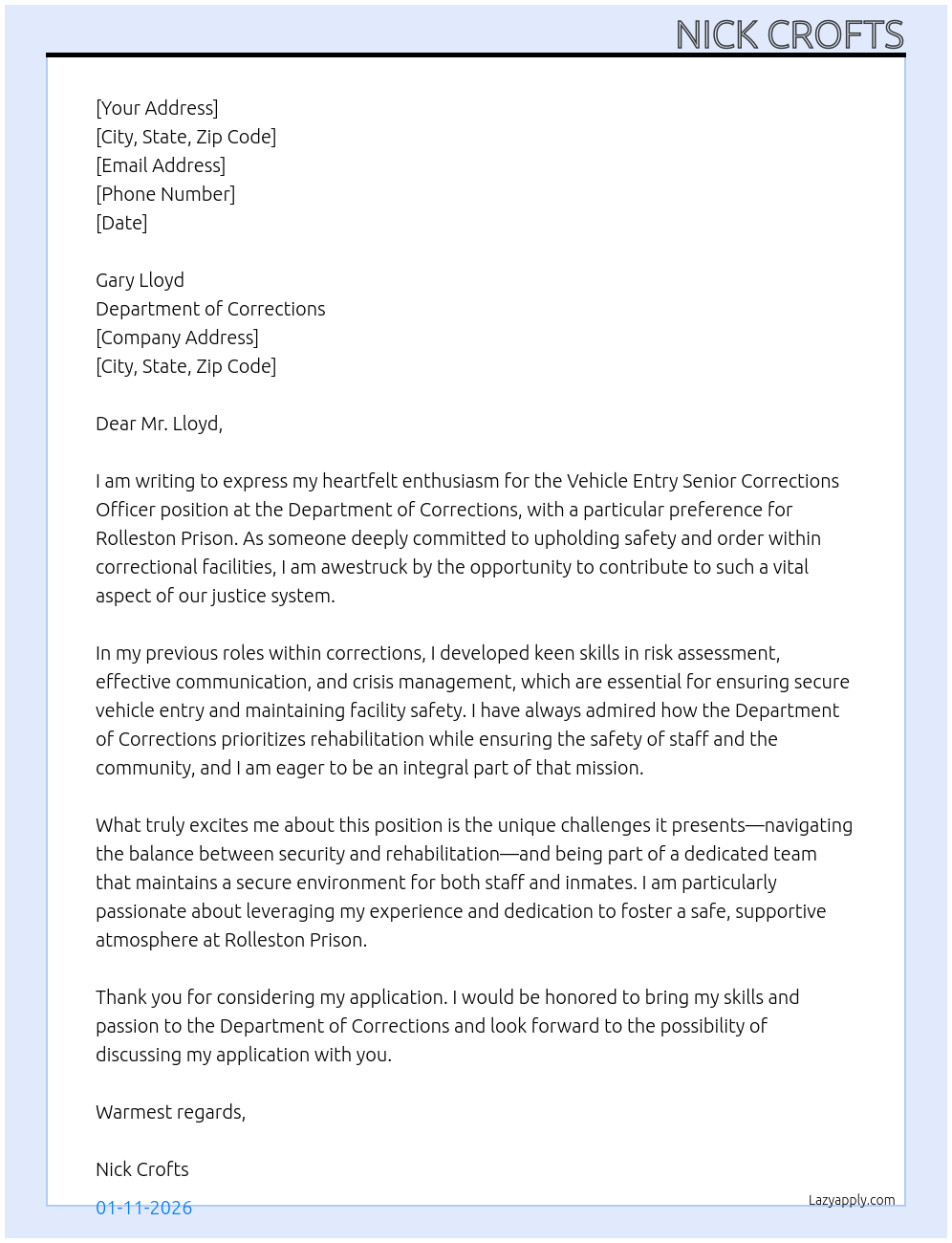 Cover letter for vehicle entry senior corrections officer - LazyApply