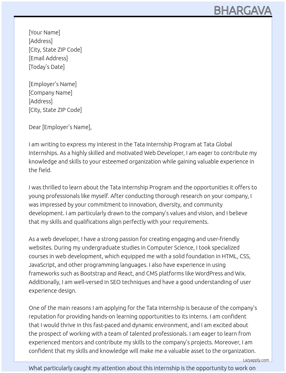Cover letter for tata internship - LazyApply