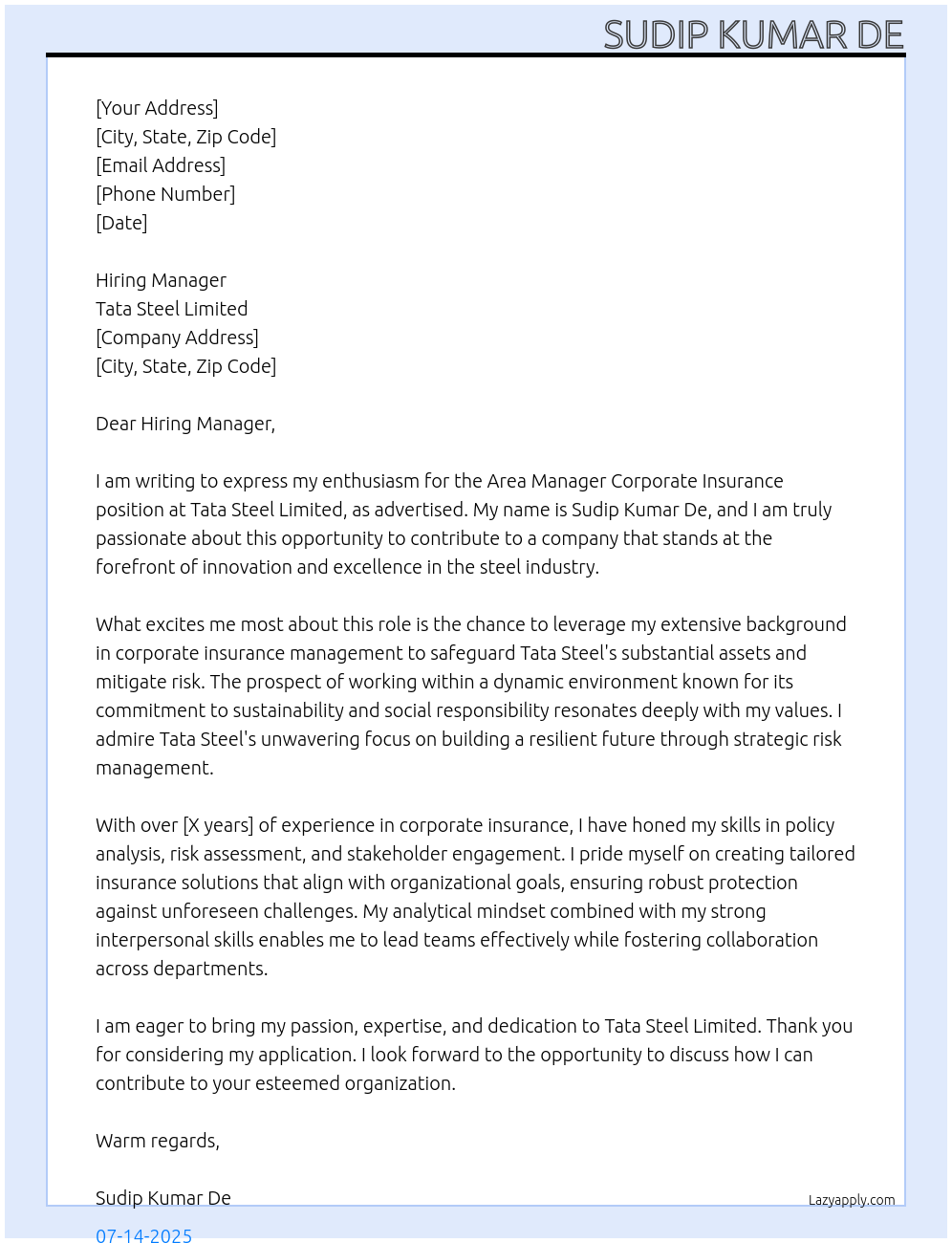 Cover letter for area manager corporate insurance - LazyApply