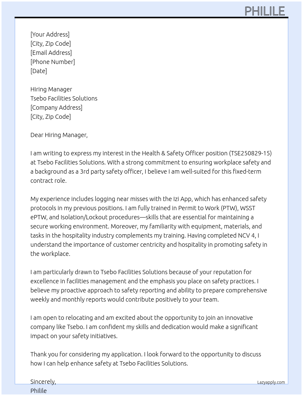 Cover letter for health safety officer - LazyApply