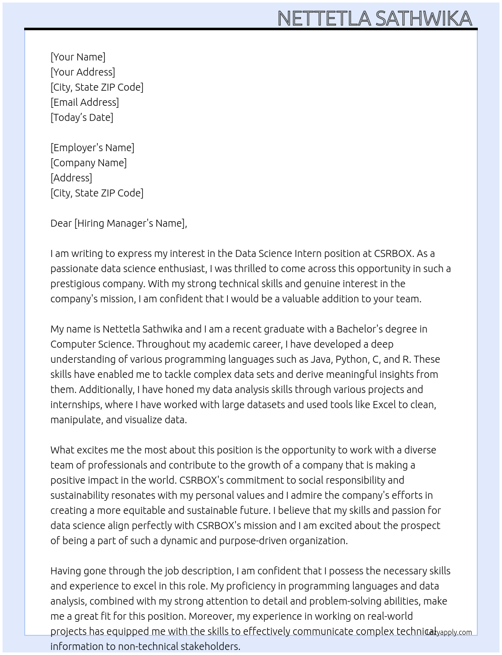 Cover letter for data science intern - LazyApply