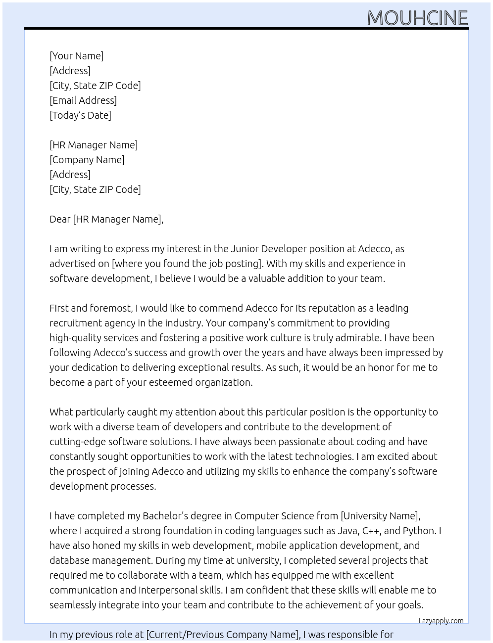 Cover letter for junior developer - LazyApply