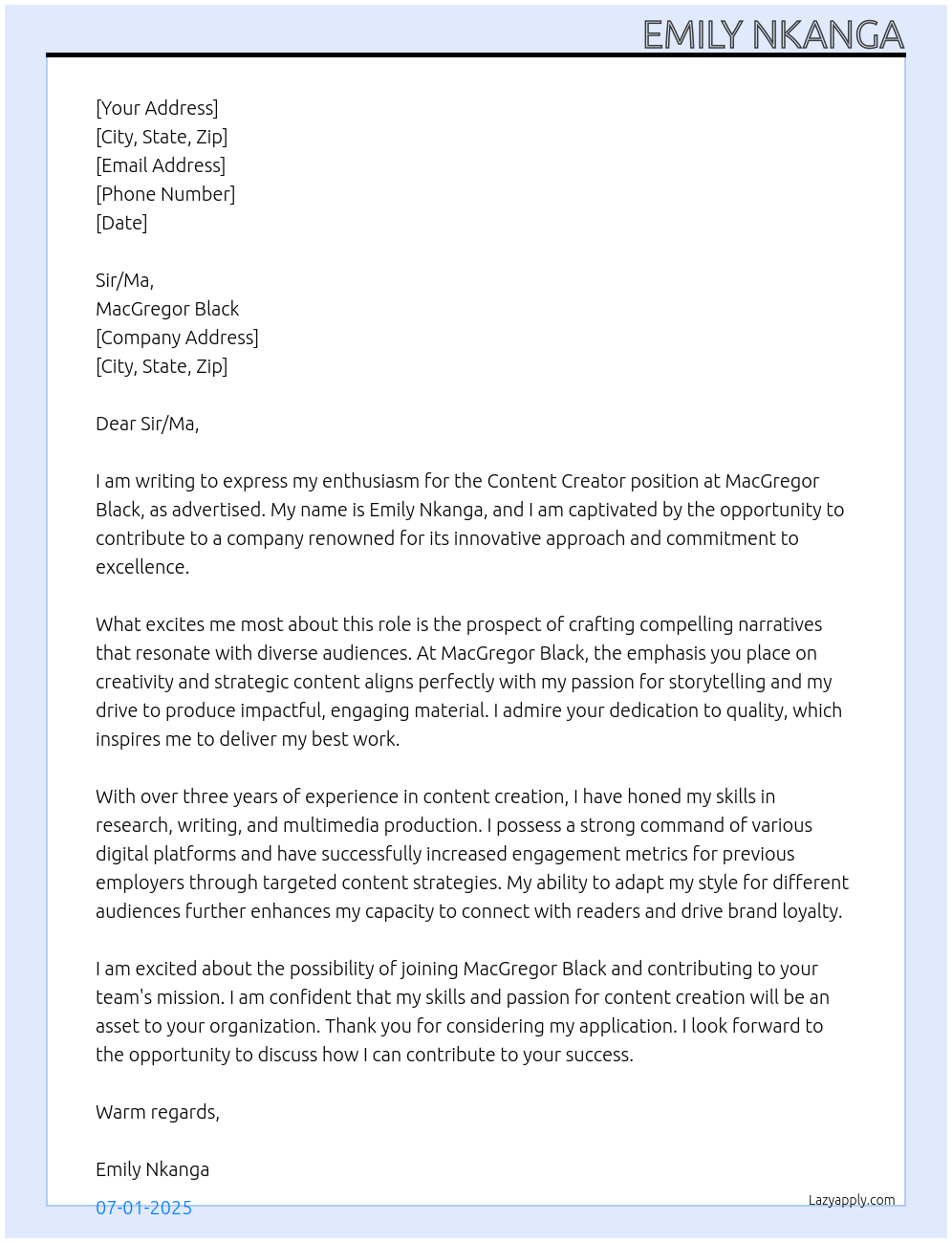 Cover letter for content creator - LazyApply