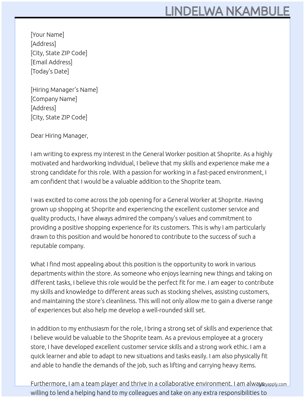 Cover letter for general worker - LazyApply
