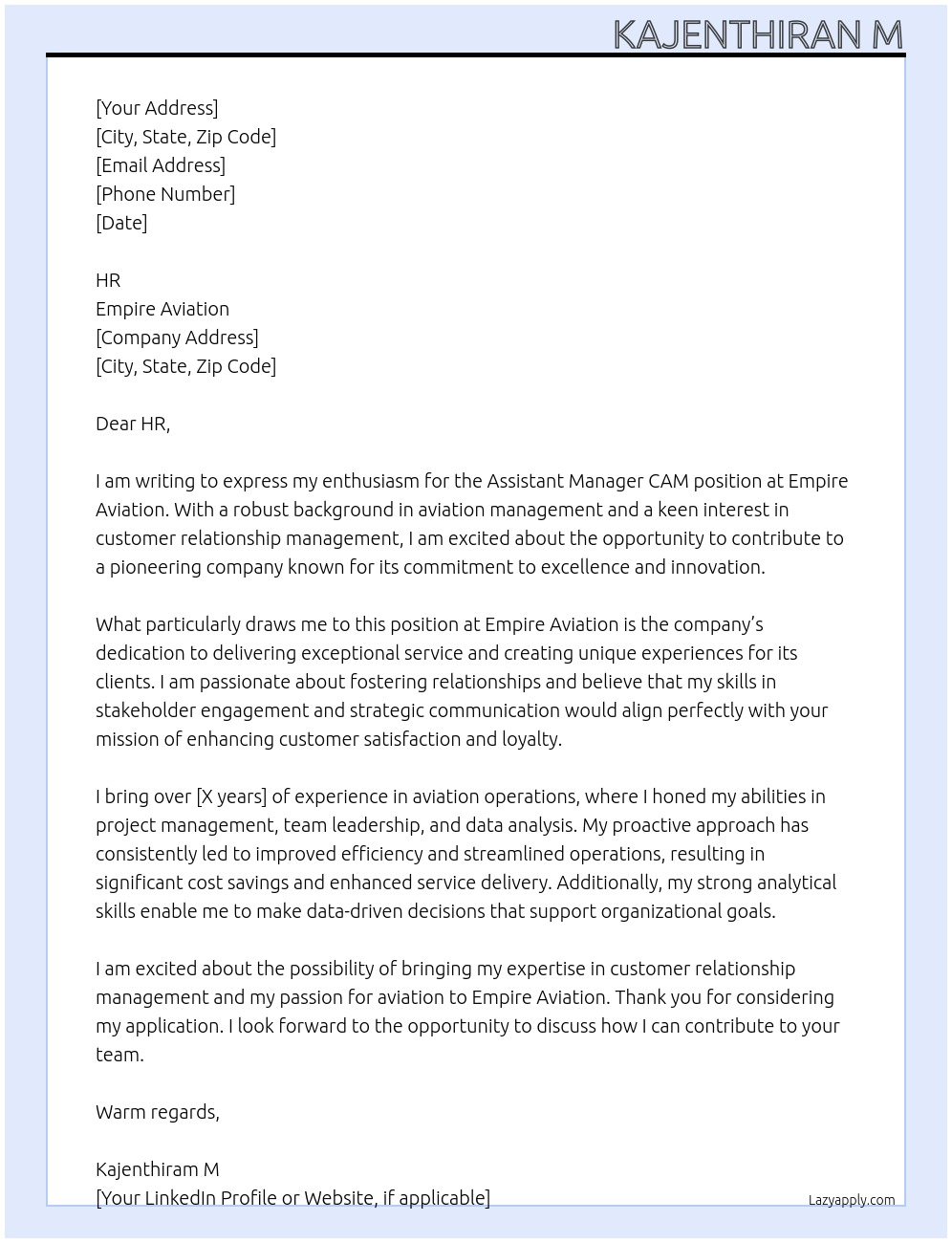 Cover letter for assistant manager cam - LazyApply