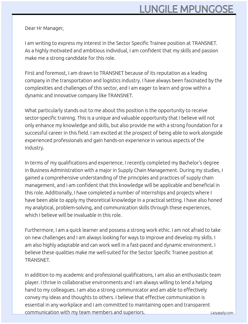 Cover letter for sector specific trainee - LazyApply