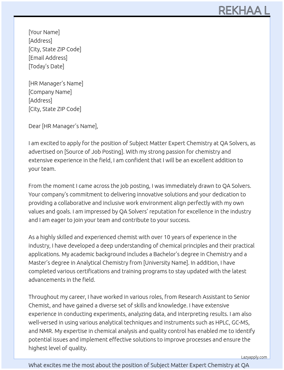 Cover letter for subject matter expert chemistry - LazyApply