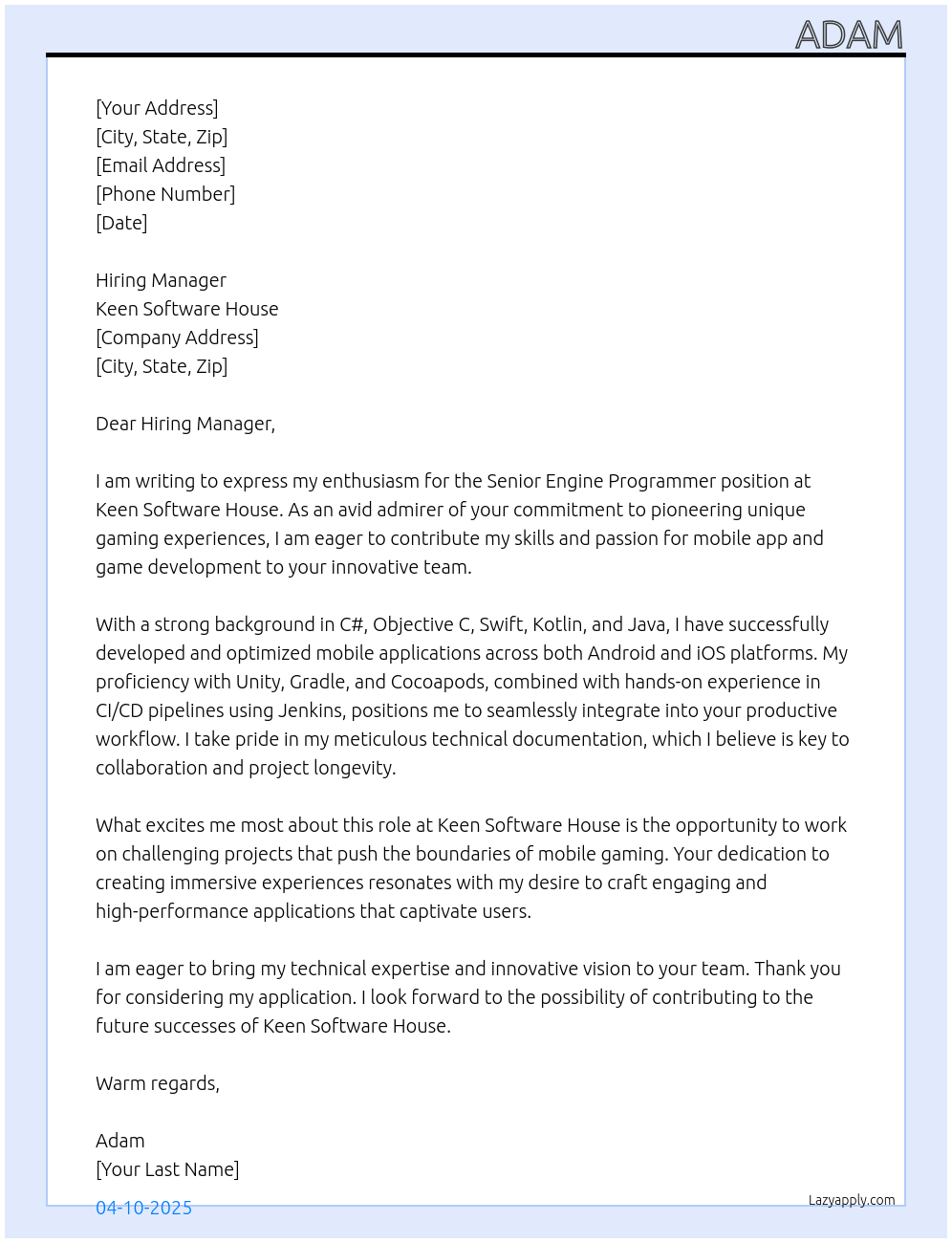Cover letter for senior engine programmer - LazyApply