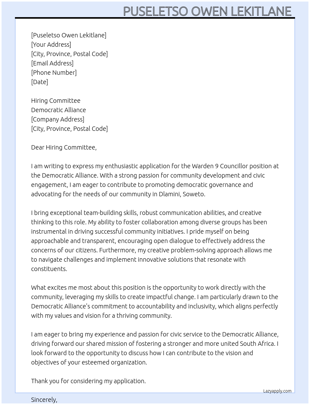 Cover letter for warden 9 councillor - LazyApply