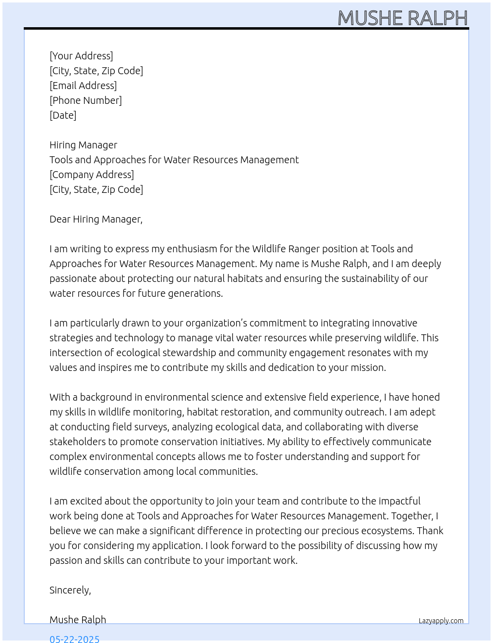 Cover letter for wildlife ranger - LazyApply