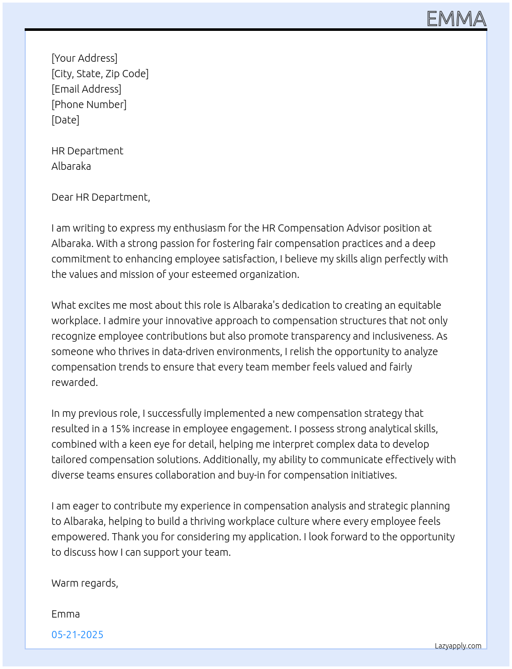 Cover letter for hr compensation advisor - LazyApply