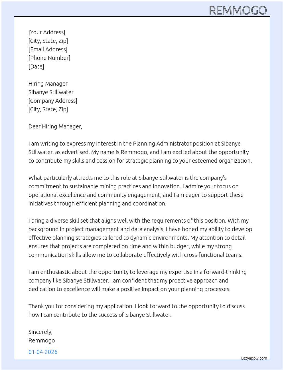 Cover letter for planning administrator - LazyApply
