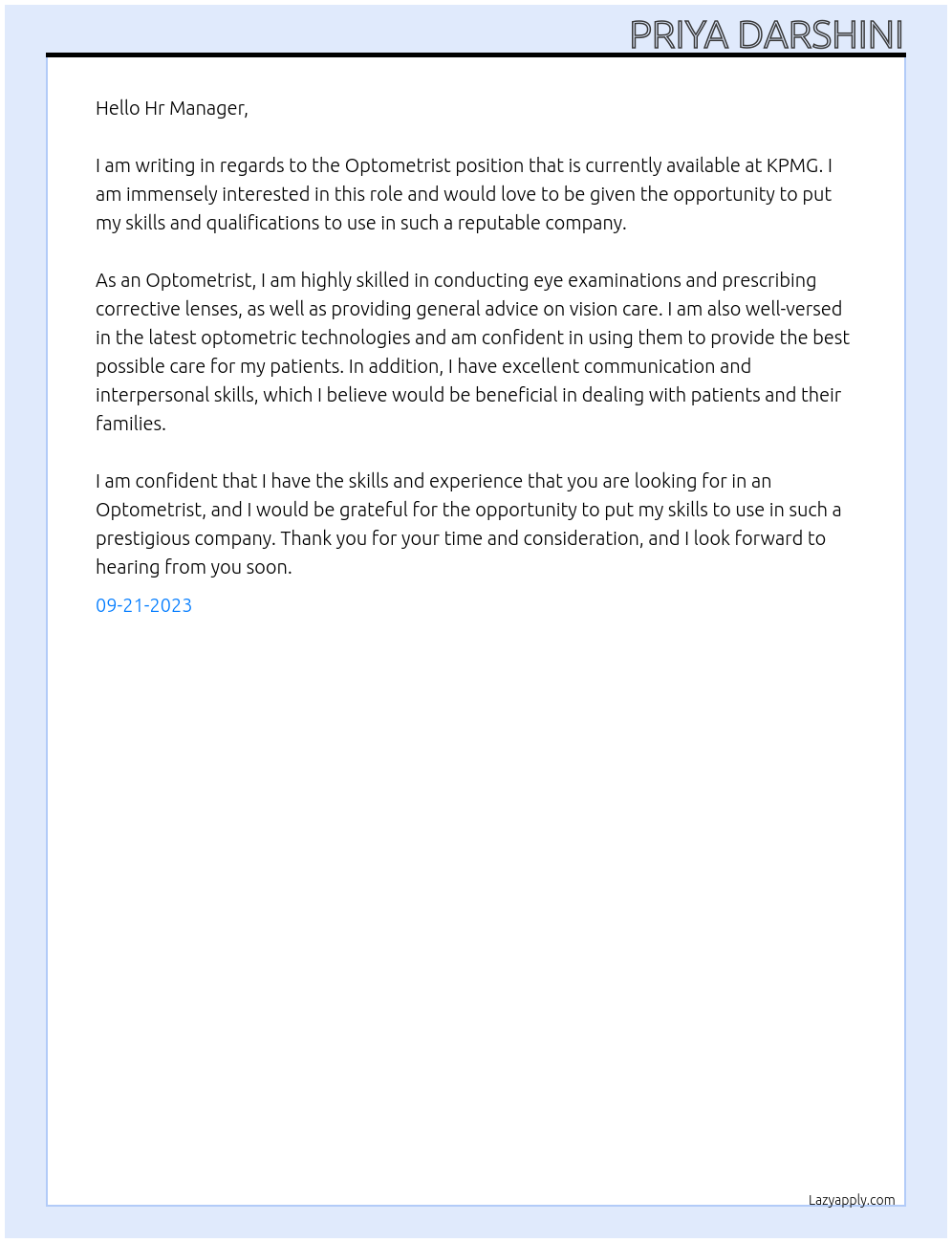 Cover letter for optometrist - LazyApply