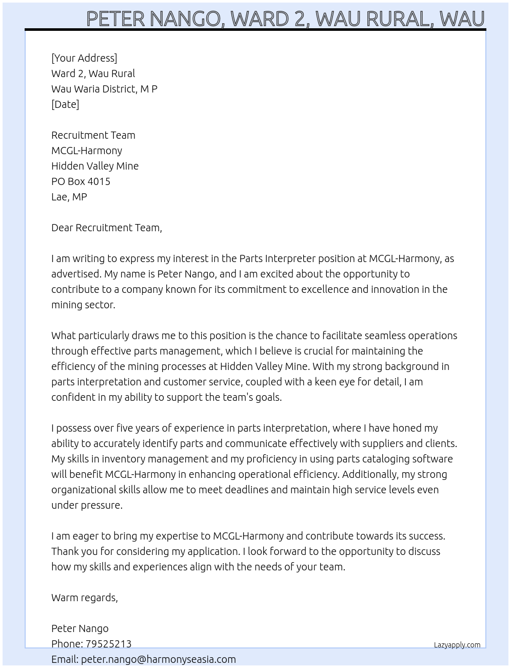 Cover letter for parts interpreter - LazyApply