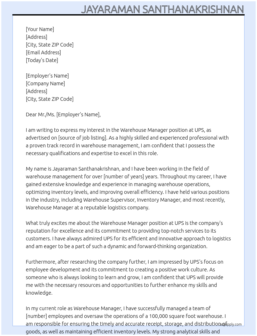 Cover letter for warehouse manager - LazyApply