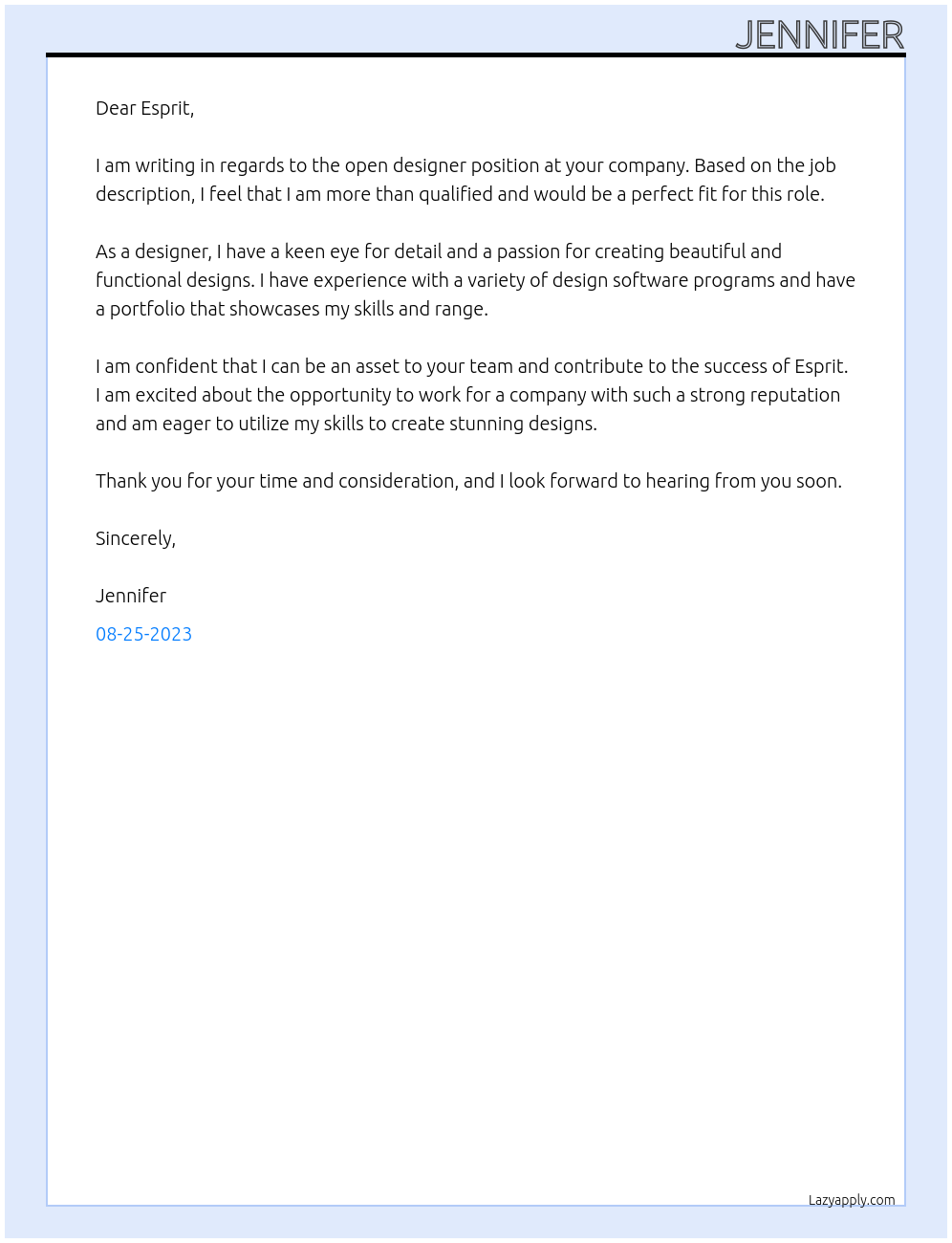 Cover letter for DESIGNER - LazyApply