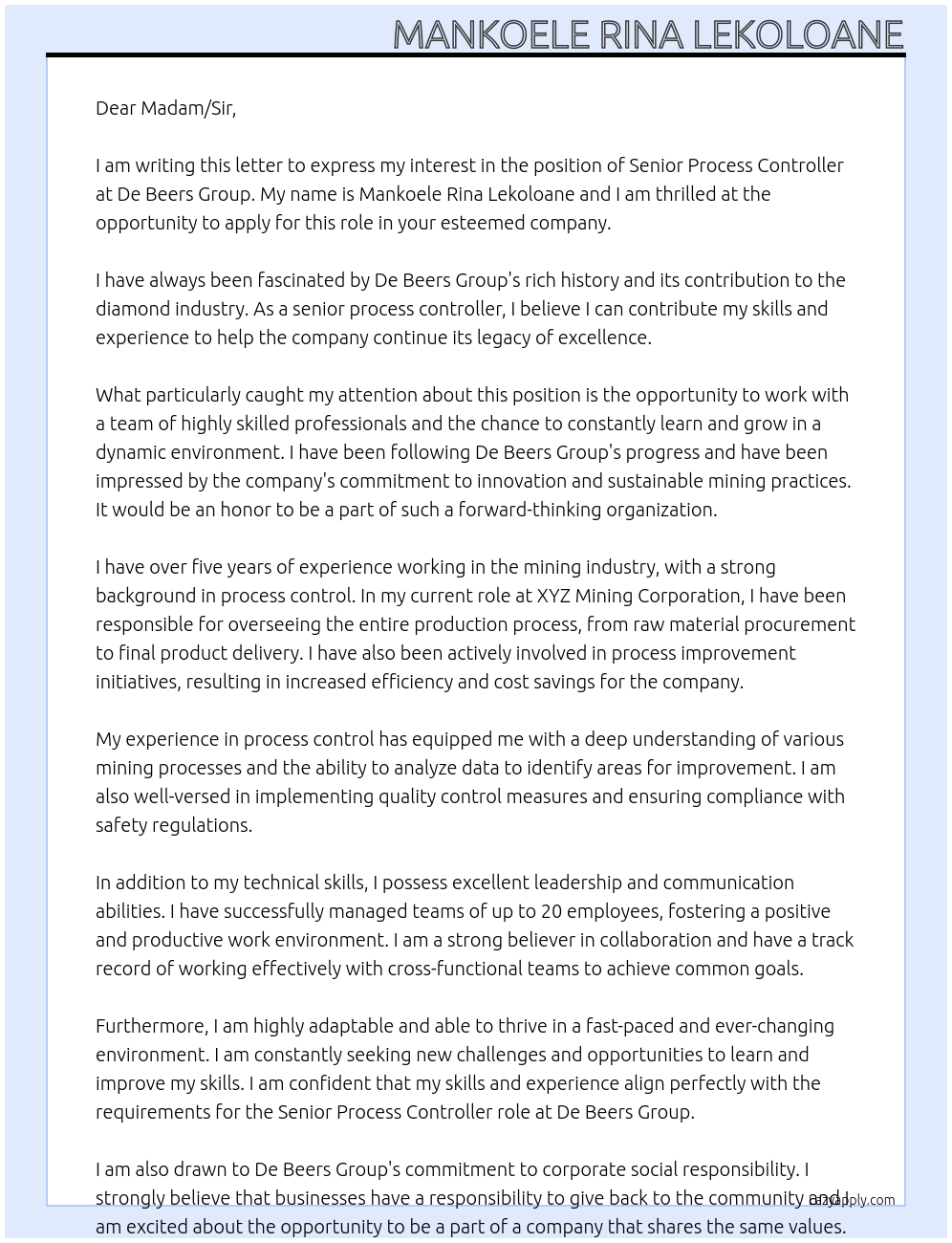 Cover letter for senior process controller - LazyApply