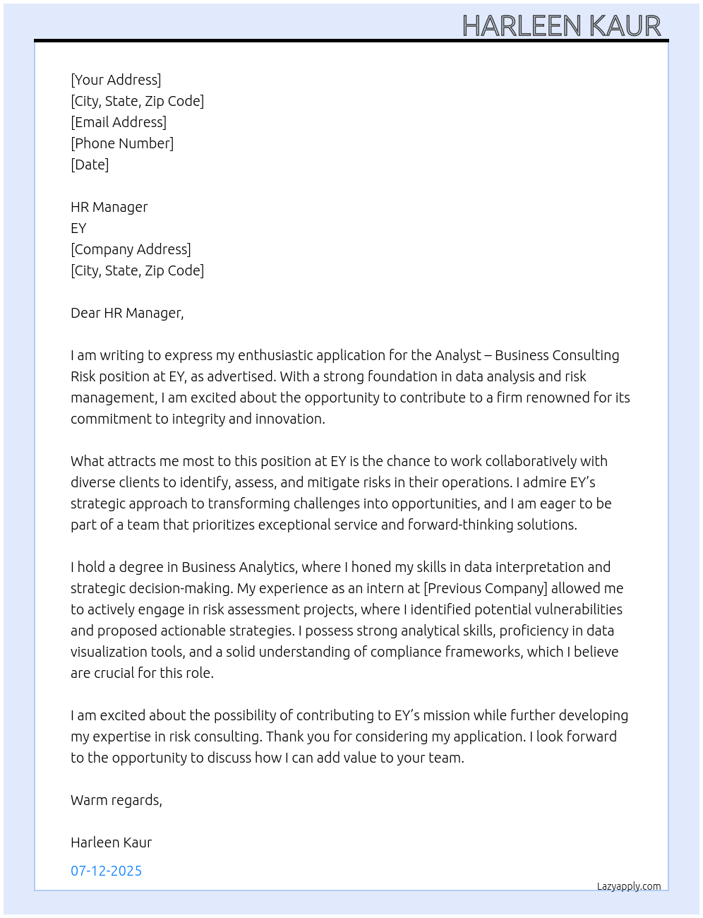 Cover letter for analyst - business consulting risk - LazyApply