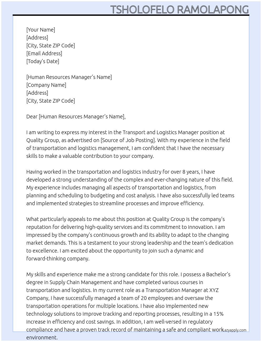Cover letter for transport and logistics manager - LazyApply