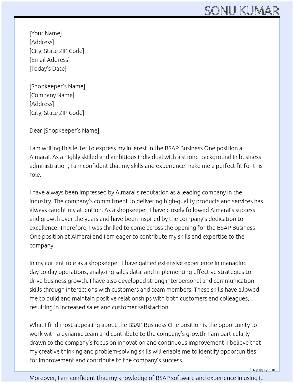 Cover letter for bsap business one - LazyApply