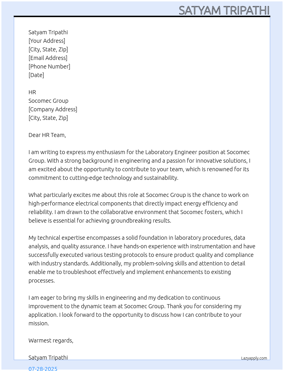 Cover letter for laboratory engineer - LazyApply