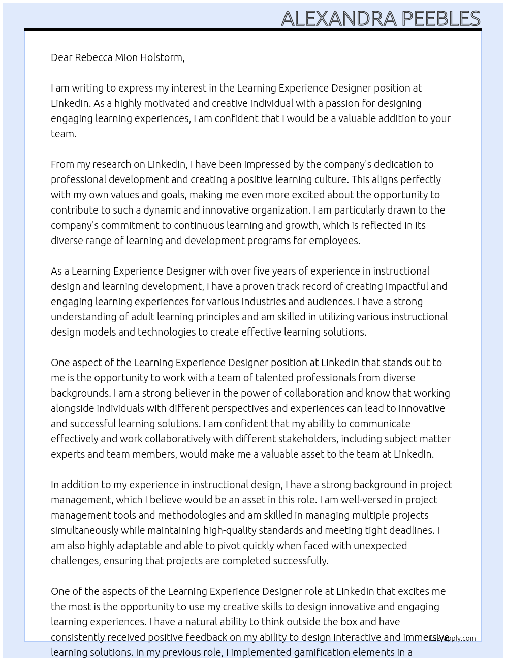 Cover letter for learning experience designer - LazyApply